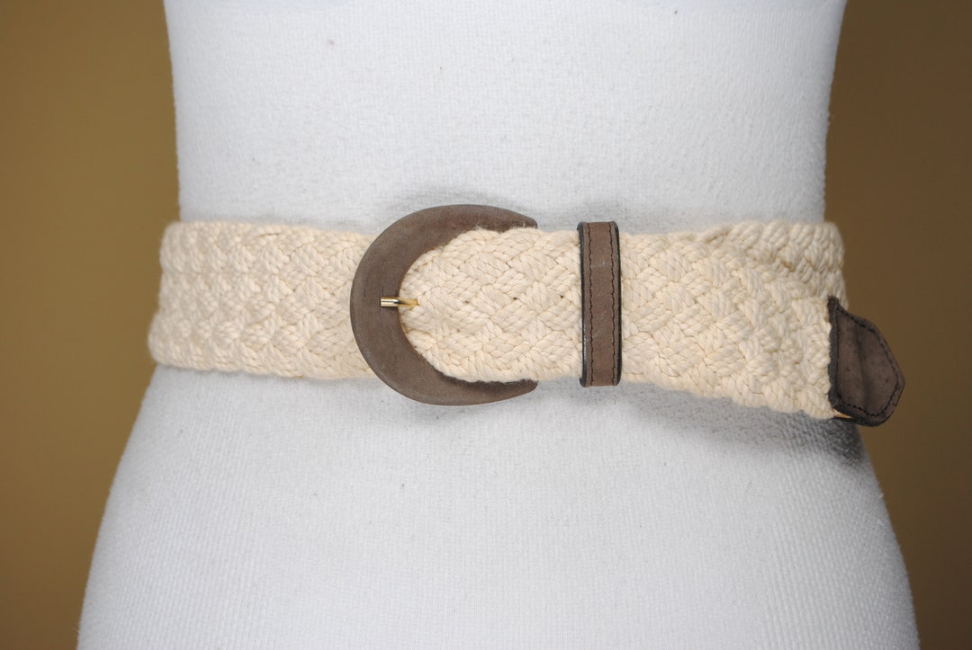Wide Beige Braided Belt, Woven Fabric Belt for Women, Brown Buckle ...