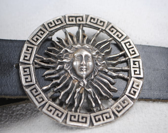Silver Sun Face Buckle, 90s Vintage, Black Leather Witch Belt, Unique ...
