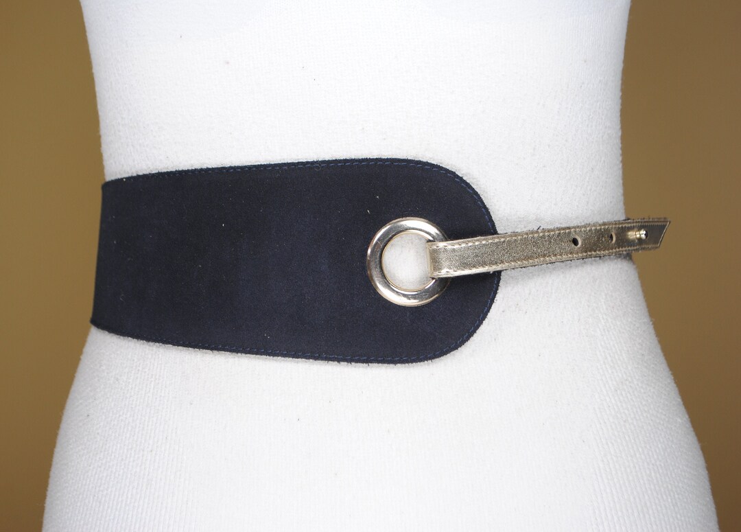 Black Gold Asymmetrical Belt, Wide Suede Belt for Women, Vintage Golden ...