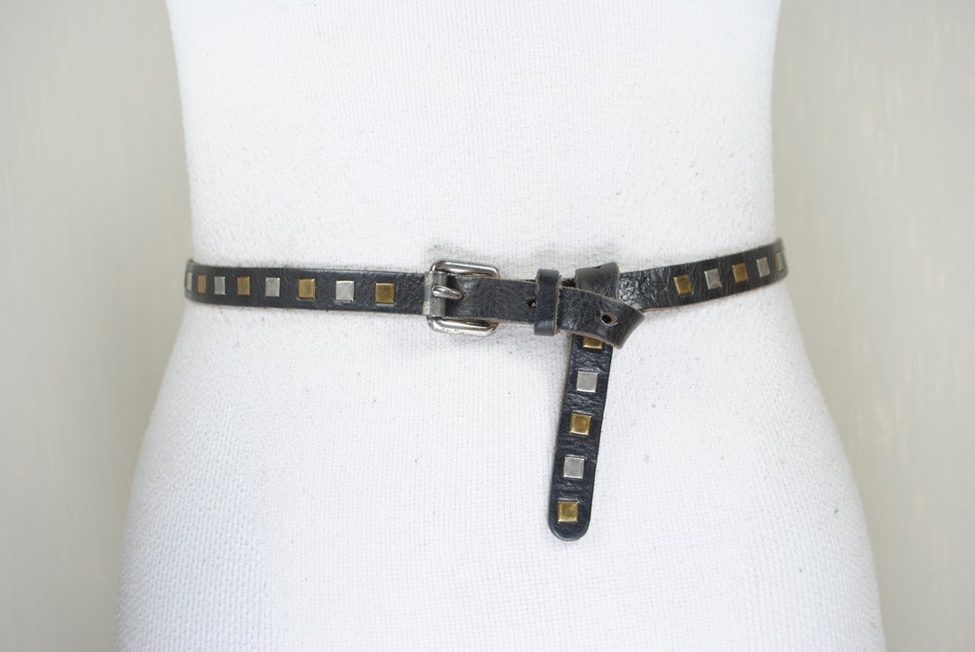 Skinny Studded Black Belt for Women, Silver Metal Buckle, Vintage ...
