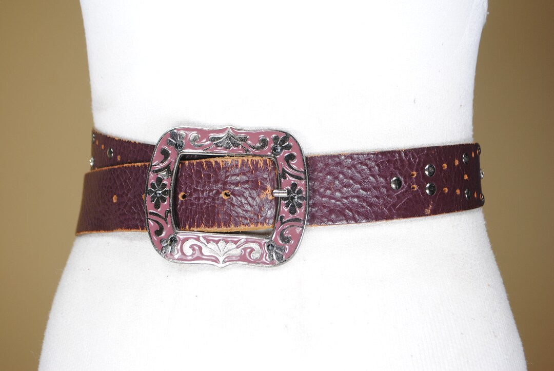 Maroon Studded Belt, Purple Laser Cut Leather Belt for Women With Big ...