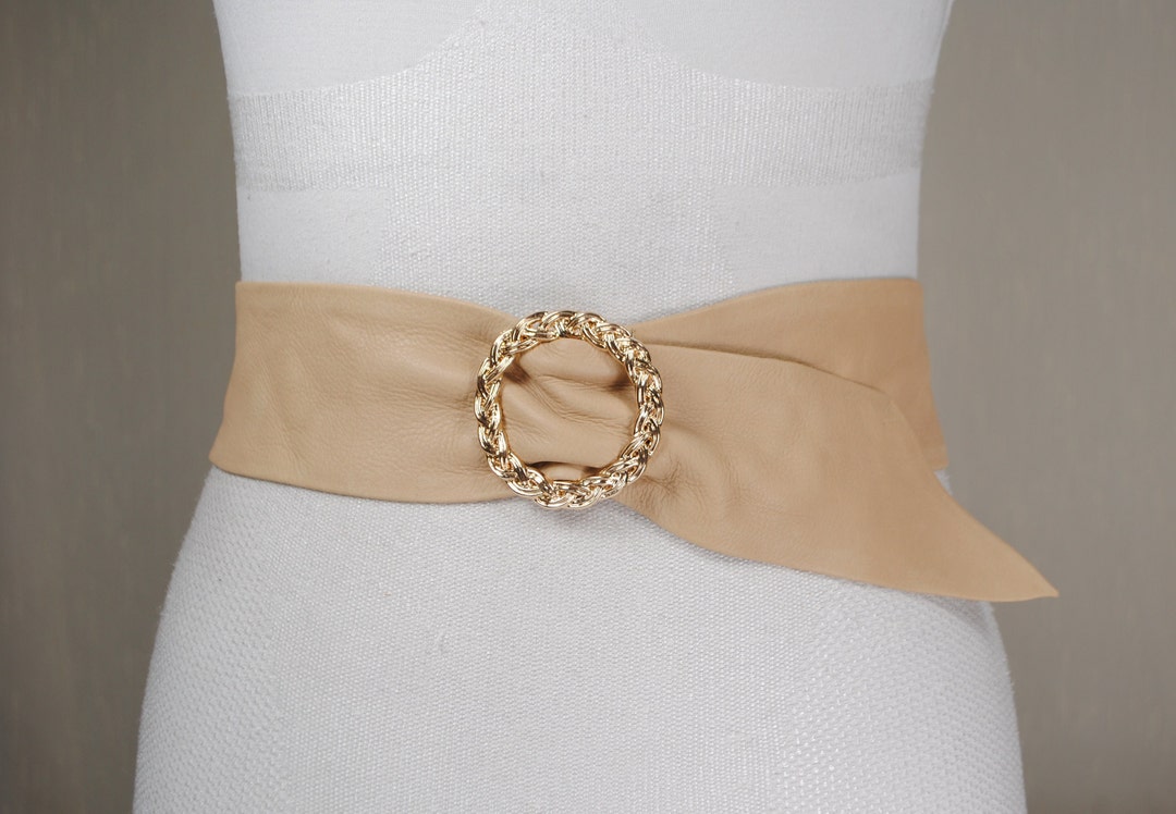 Wide Beige Leather Belt, 80s Vintage, Soft Leather Belt for Women, Gold ...