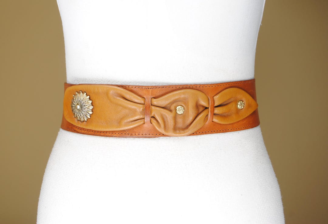 80s Foxy Brown Belt, Vintage, Engraved Gold Bling, Women, V Shaped Tan ...