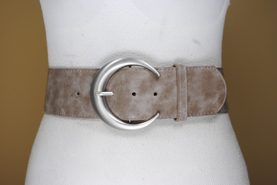 Wide Taupe Belt, Hip Belt for Women, Vegan Leather Belt, Silver Rounded ...