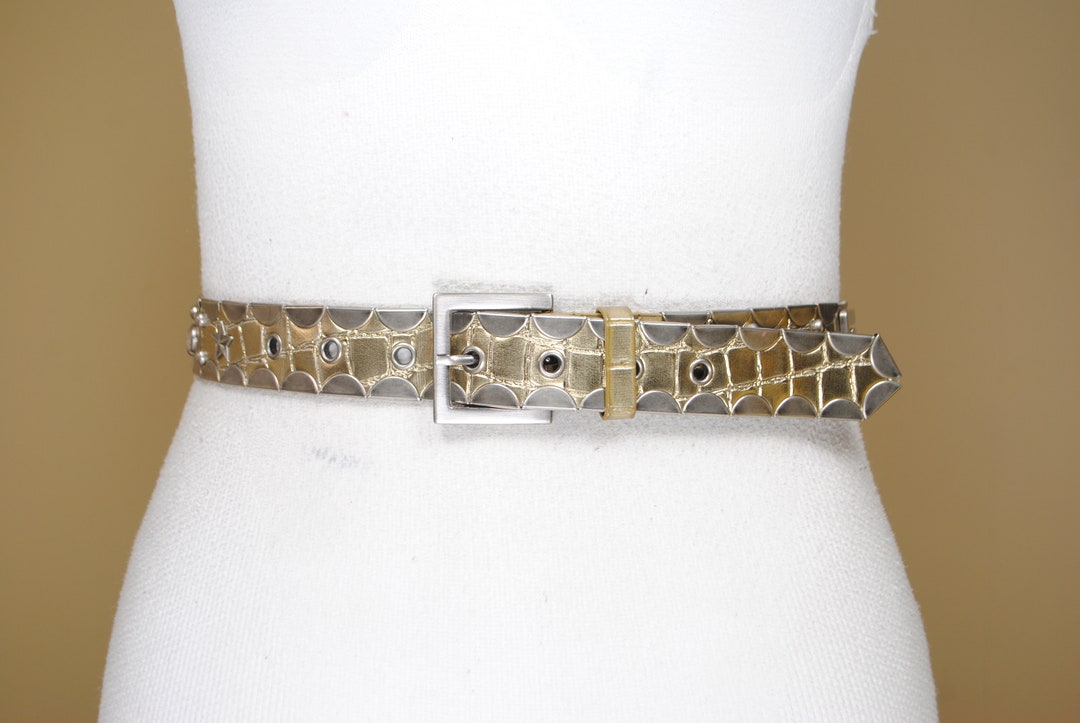 Metallic Gold Croc Belt, Golden Vinyl Belt for Women With Silver Buckle ...