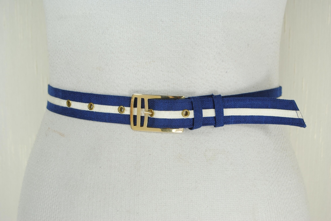 Blue White Striped Belt, Skinny Fabric & Ribbon Belt, VINTAGE, Navy ...