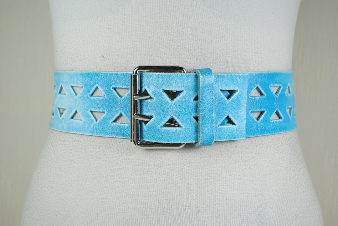 Laser Cut Blue Belt, Cut Out Faded Blue Leather Belt for Women, Double ...