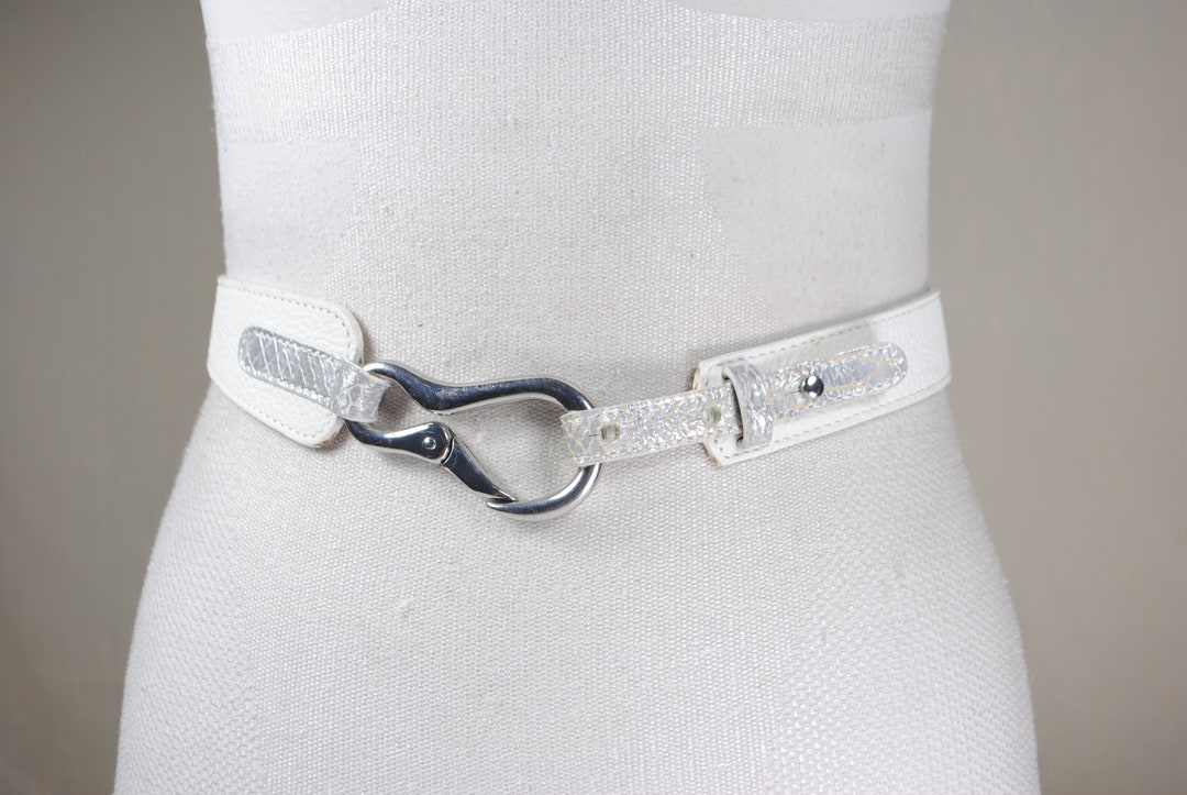 V Shaped Belt, White Asymmetrical Leather Belt for Women, Silver Hook ...