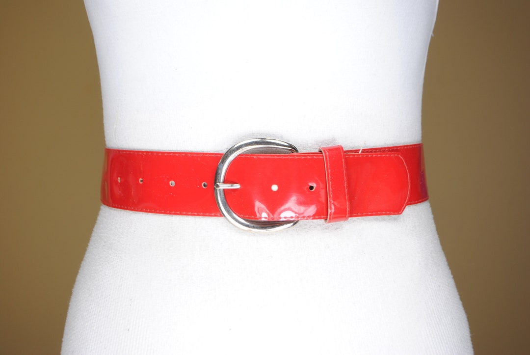 Wide Red Patent Belt, 80s Vintage, Vegan Leather Belt, Rounded Silver ...