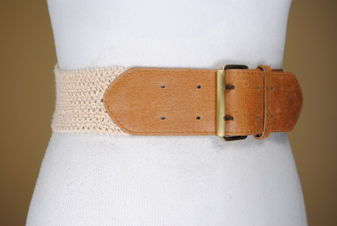 Wide Tan Stretch Belt, Cottagecore, Women, Beige Elastic Crochet, Two ...
