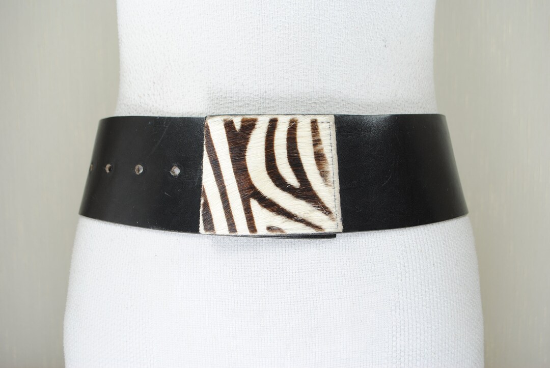 Zebra Pattern Buckle, Wide Black Leather Belt, Women, Animal Print Pony ...
