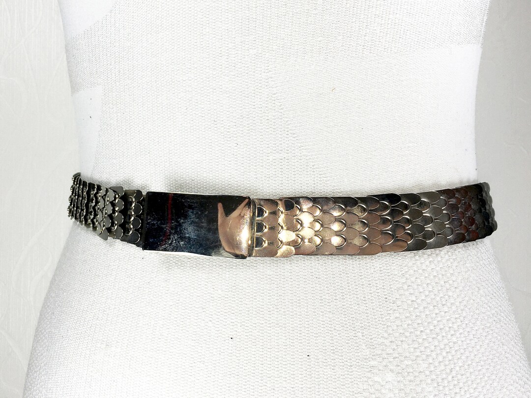 70s Silver Fish Scale Belt, Vintage Silver Tone Metal Stretch Belt ...