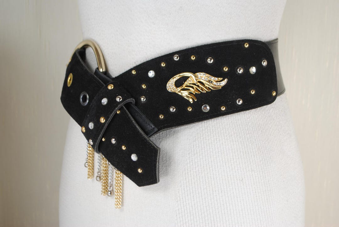 Wide V-shaped Black Belt, Embellished Rhinestones Swan Bling, Women ...