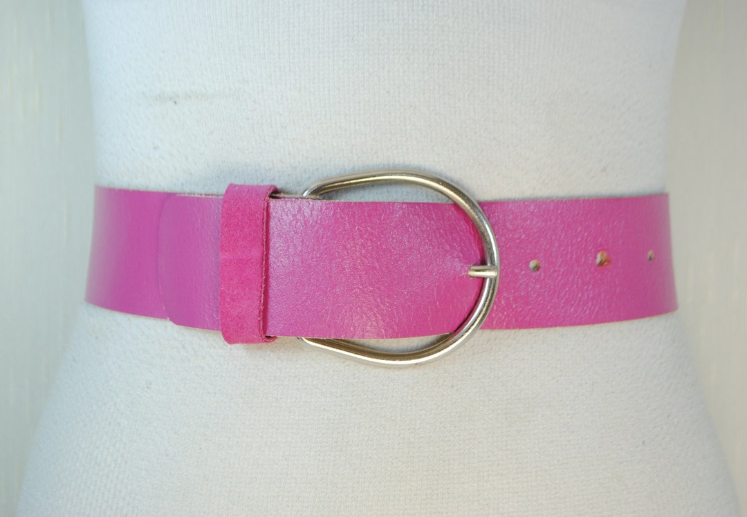 Wide Pink Fuchsia Belt, Genuine Leather Belt for Women, Rounded Silver ...
