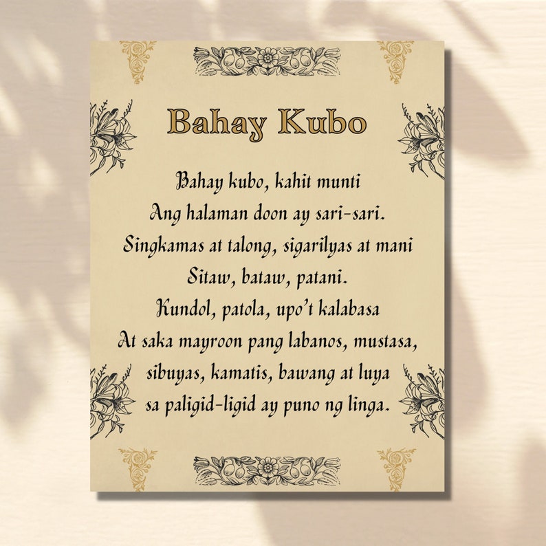 Filipino Art Bahay Kubo Song Lyrics Wall Art Tagalog Poster Song Lyrics ...