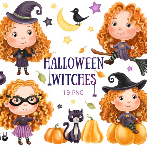 Watercolor Halloween Clipart Cute Monsters Witch Vampire | Etsy