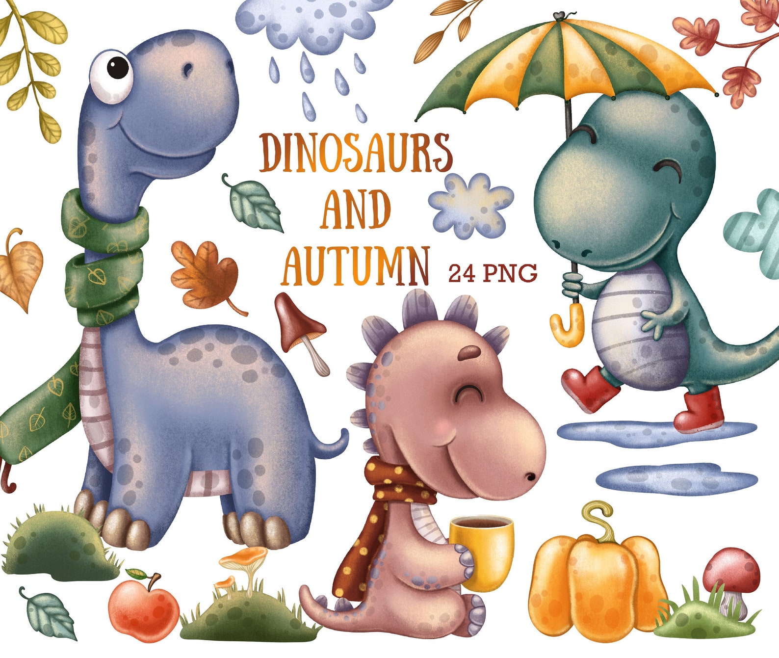Dinosaur Clipart. Dinosaur and Autumn Elements Clipart. Rain | Etsy