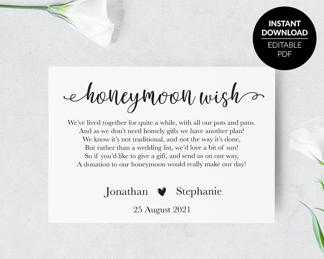 Wedding Honeymoon Wish Poem Template Editable Wedding | Etsy