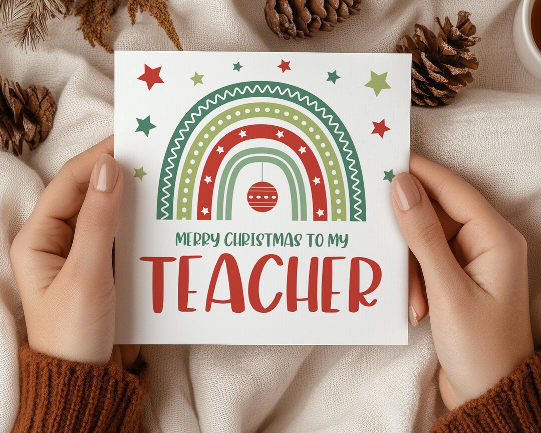 Merry Christmas to My Teacher Card, Boho Rainbow Design, Christmas Card ...