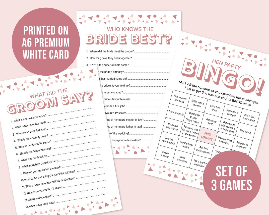 Hen Party Games Bundle, Set of Three, Hen Party Bingo, Who Knows the ...