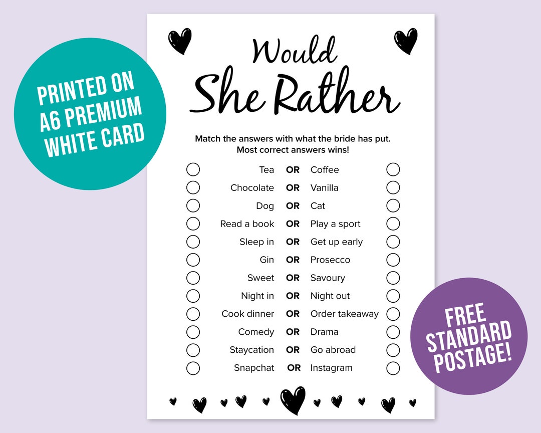 Hen Party Game, Would She Rather, Bridal Shower Games, Bride to Be Hen ...