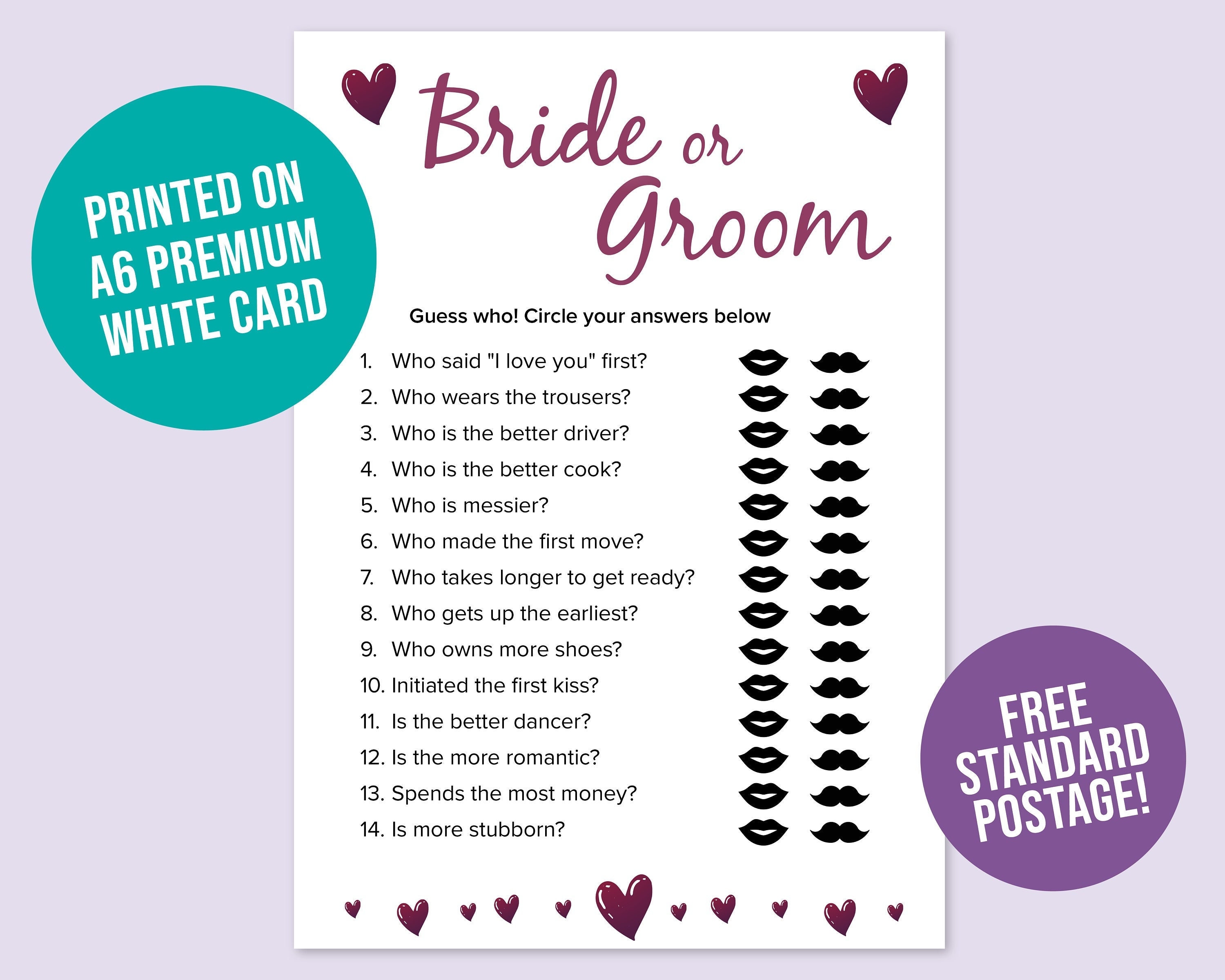 Mr or Mrs Hen Party Game: Bride or Groom Quiz (A6 Card) - Etsy UK