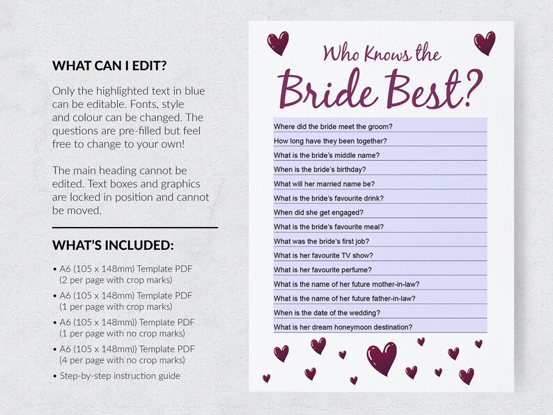 Bachelorette Printable Who Knows the Bride Best Bride Quiz - Etsy