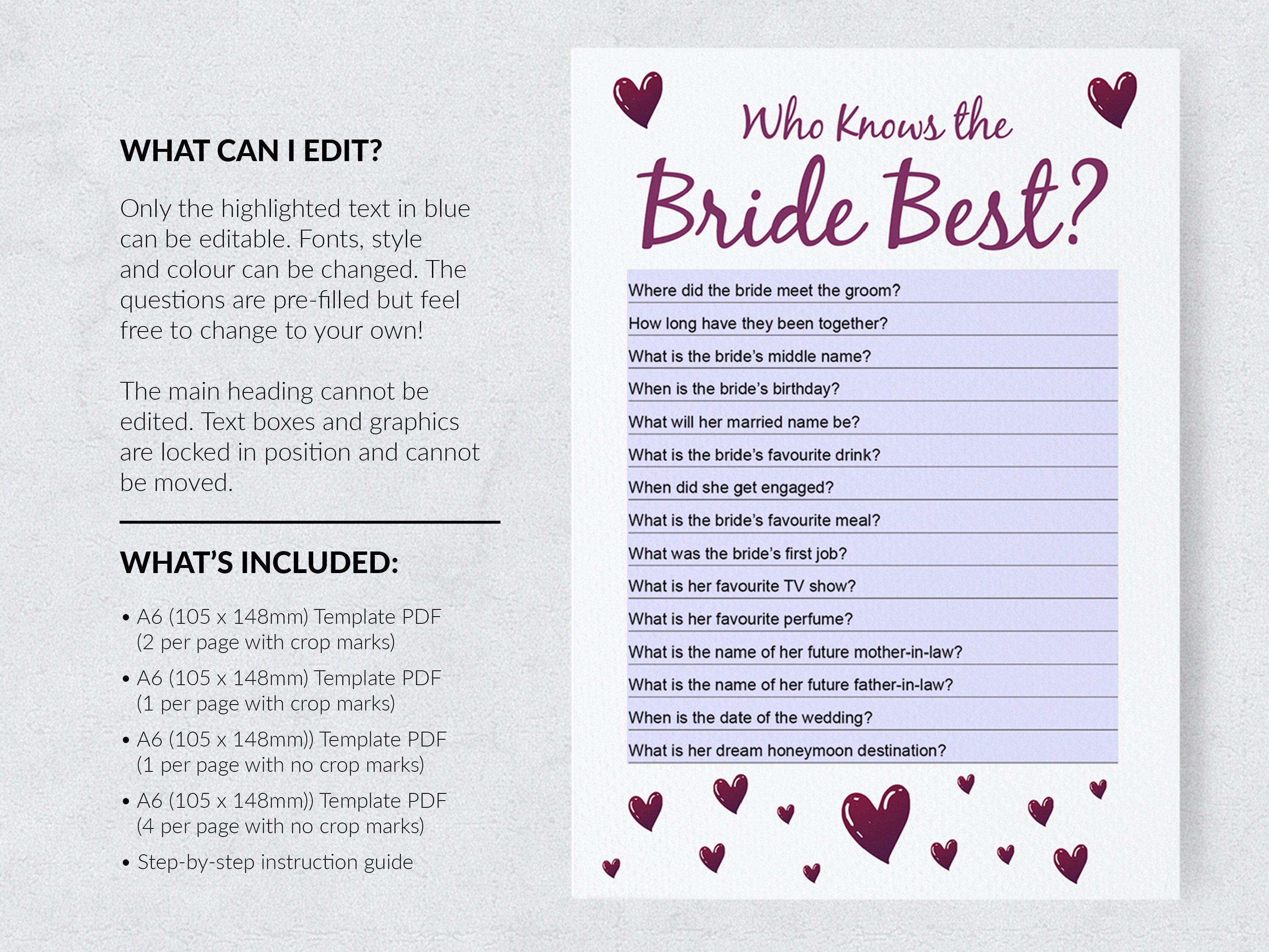 Who Knows the Bride Best Template, Editable, Hen Party Games ...