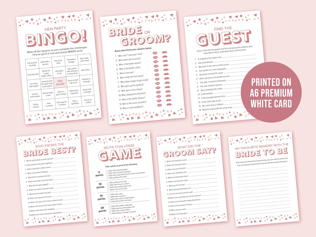 Hen Party Games, Bridal Shower, Hen Party Bingo, Selfie Photo Challenge ...