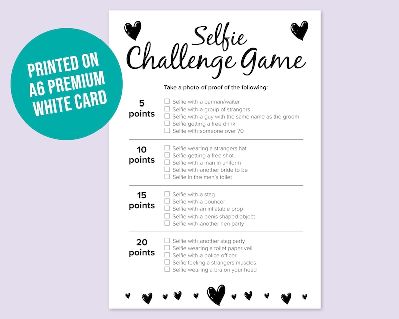 Selfie Challenge: Hen Party Game Cards (A6) - Etsy UK