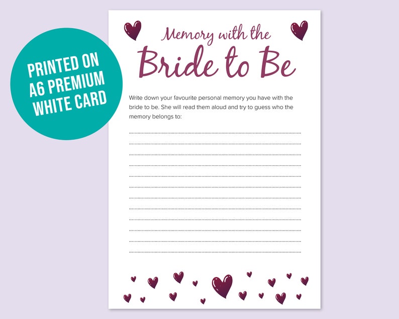 Hen Party Games Memory of the Bride Game Cards Bride to Be - Etsy