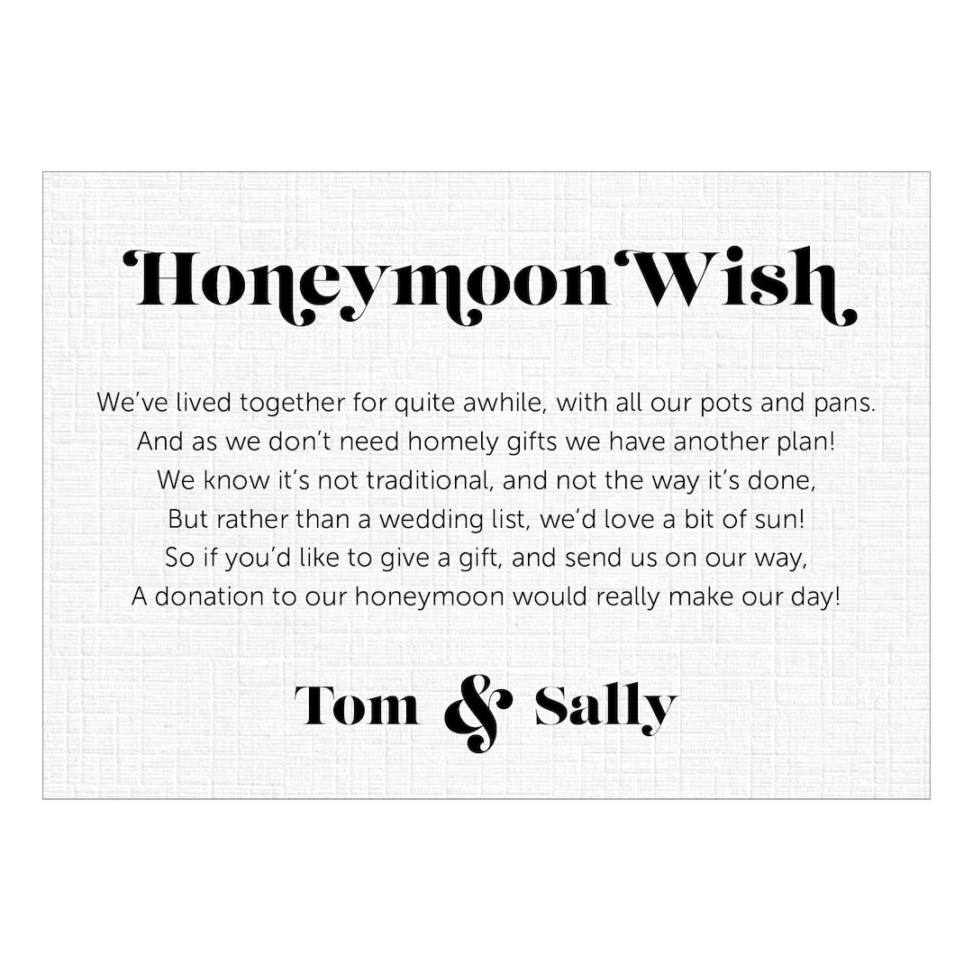 Honeymoon Wish Card, Wedding Money Poem, Personalised Gift Poem, Choice ...