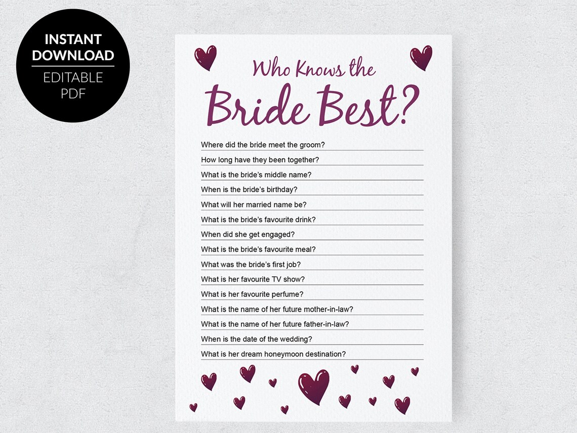 Bachelorette Printable Who Knows the Bride Best Bride Quiz | Etsy UK