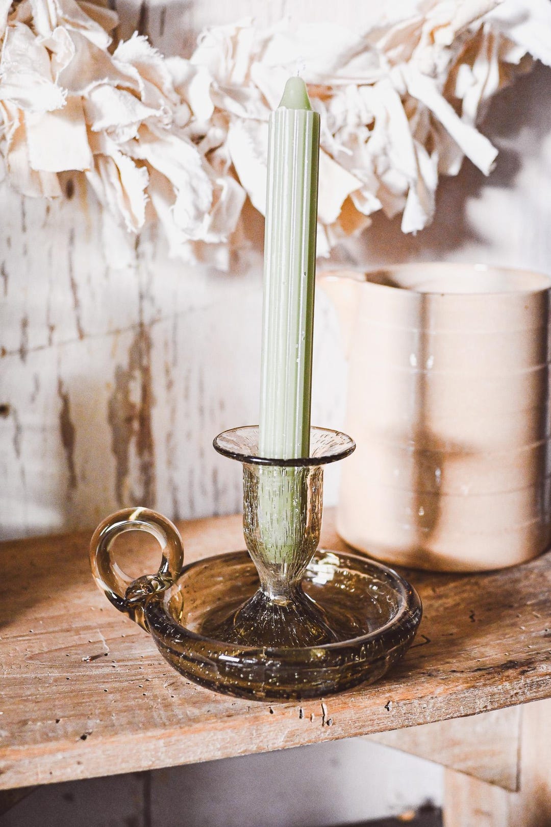 Vintage Handmade Glass Chamberstick Candle Holder - Antique Smoke Glass ...