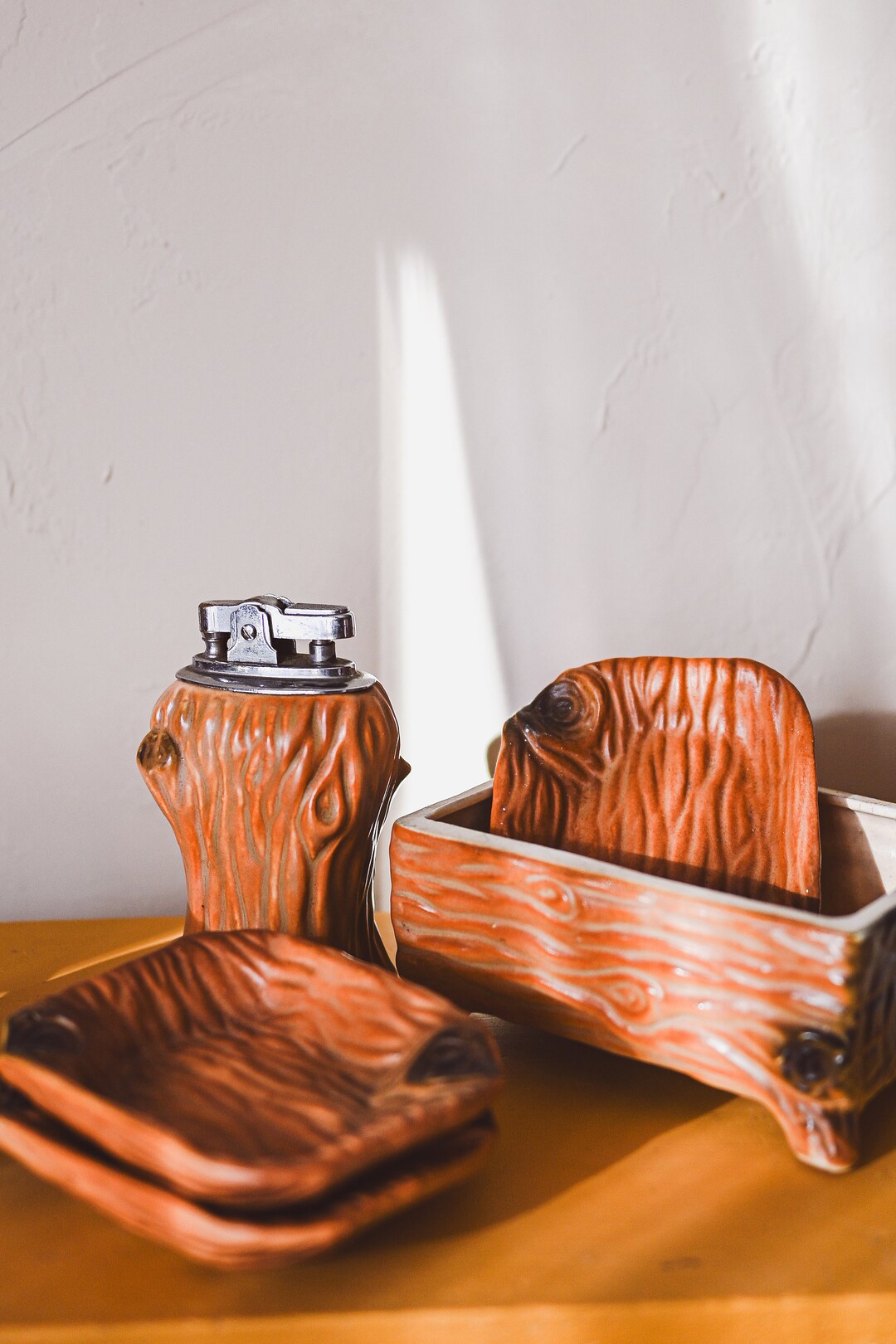 Vintage 70s Ceramic Smoking Set With Wood Effect Finish | Retro Ashtray ...