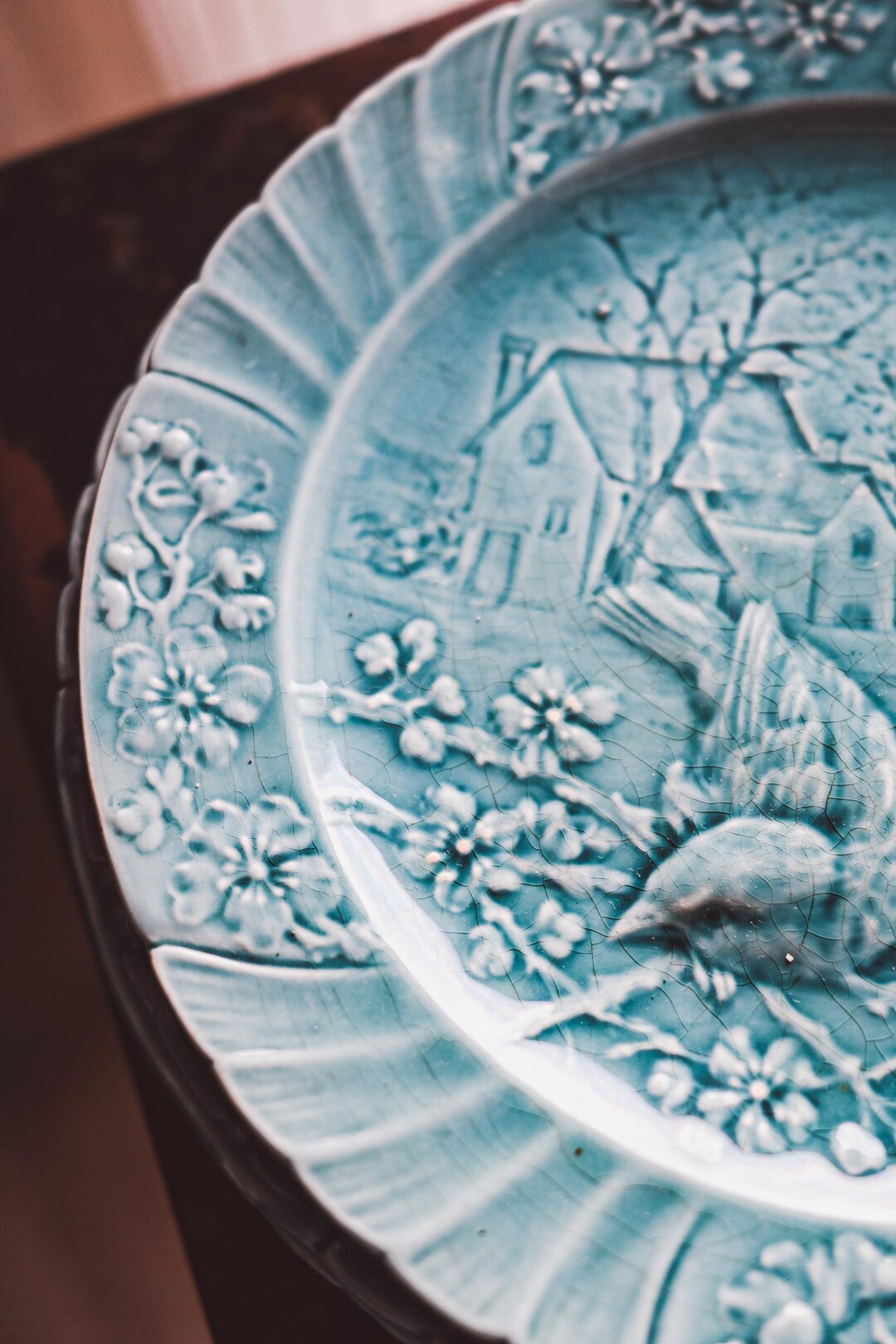 Vintage French Majolica Cameo Plate: Elegantly Crafted Birds & Floral ...