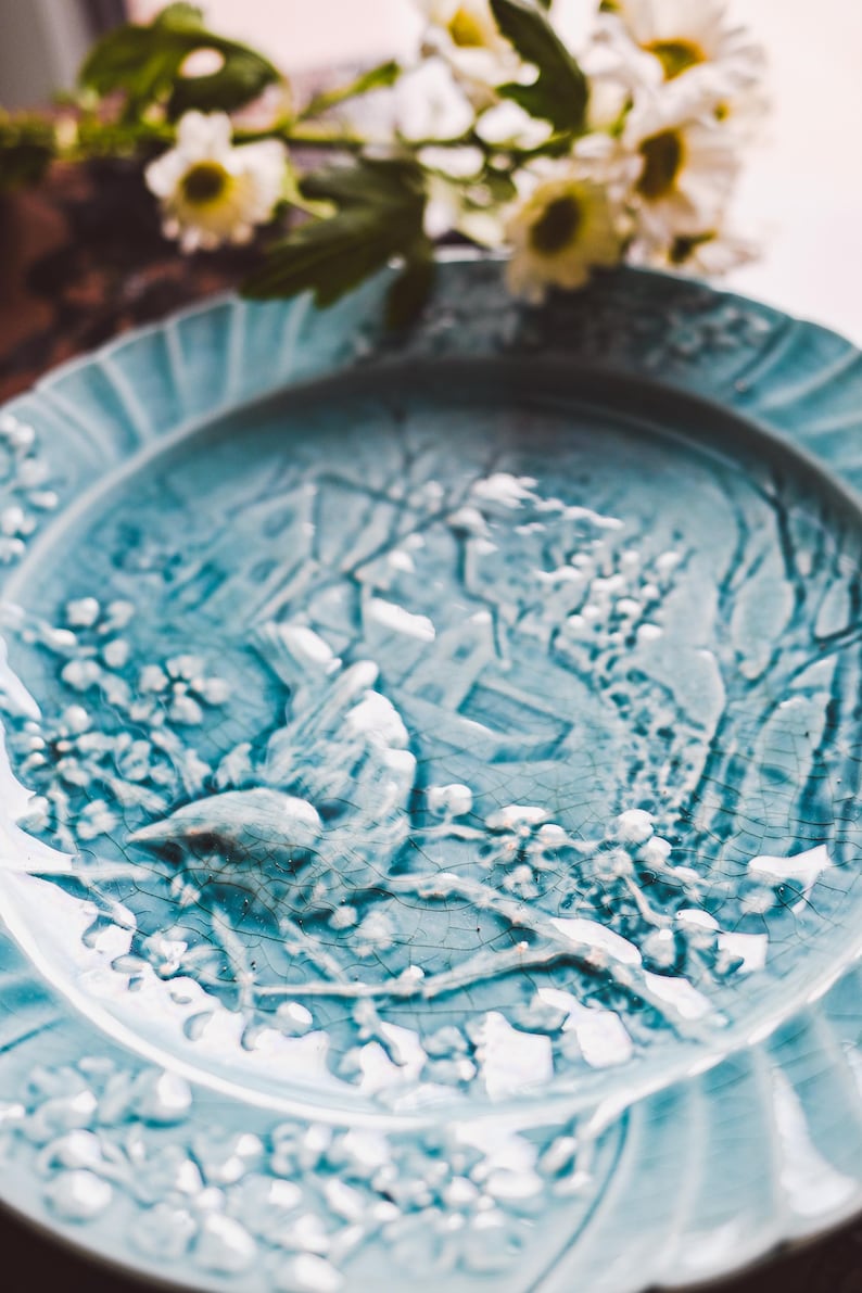 Vintage French Majolica Cameo Plate: Elegantly Crafted Birds & Floral ...