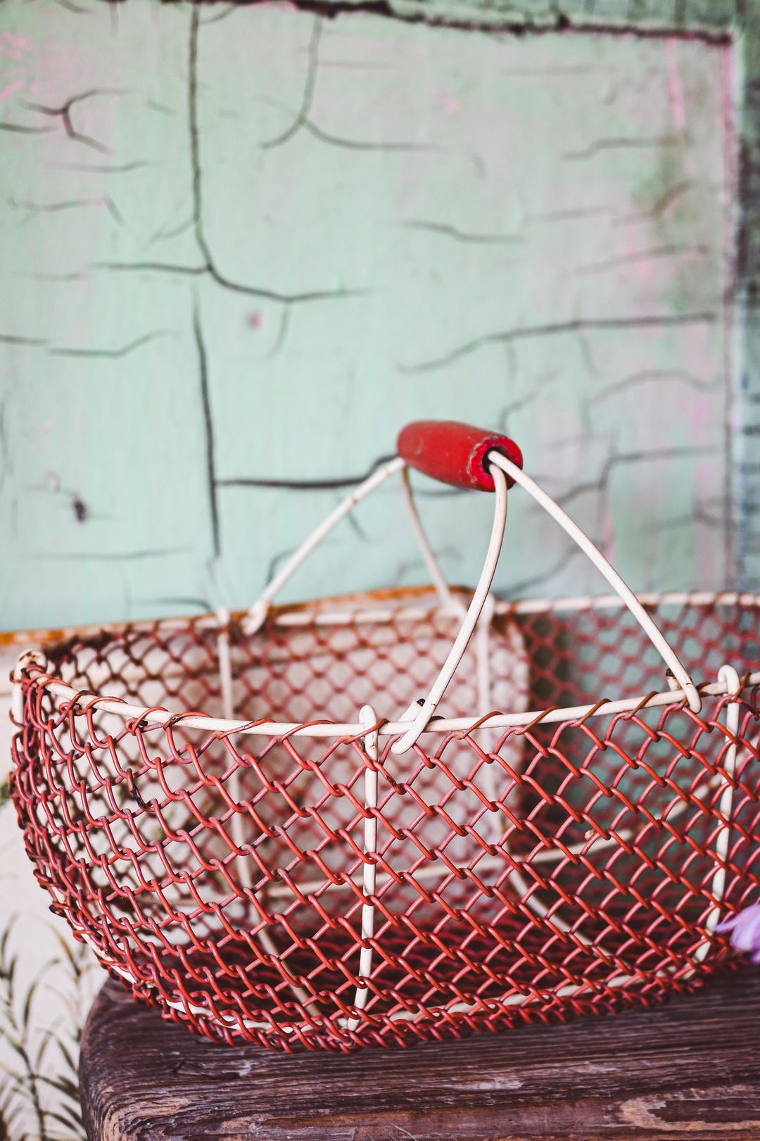 Rustic Red Wire Basket With Wooden Handle - Versatile Storage Solution ...