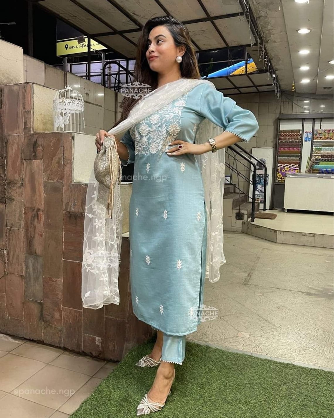 Indian Premium Embroidery Kurta Pant Set With Heavy Net Embroidery Dupatta Indian Casual Women ...