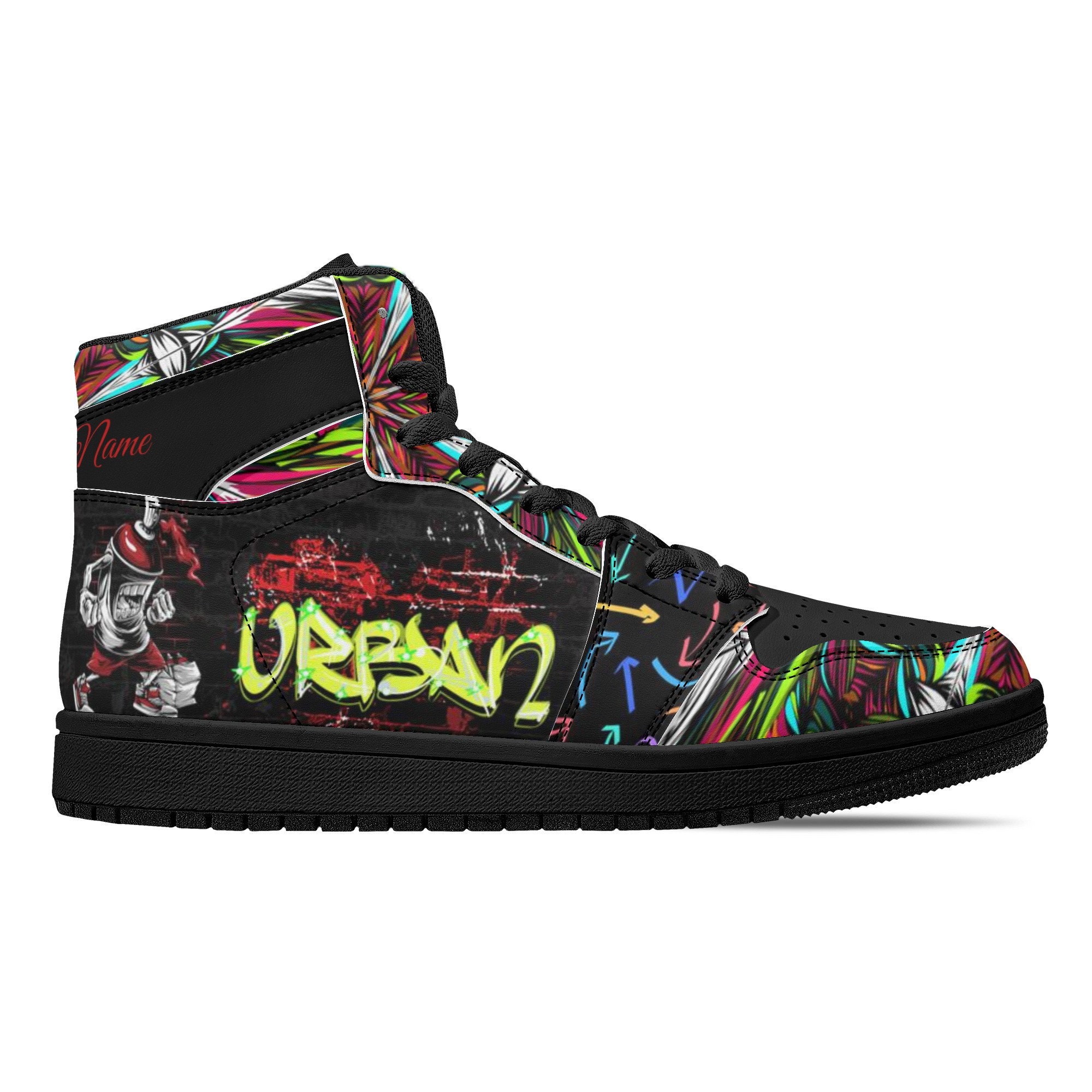 Graffiti Custom Name Shoes for Men's Black High Top Leather Sneakers ...