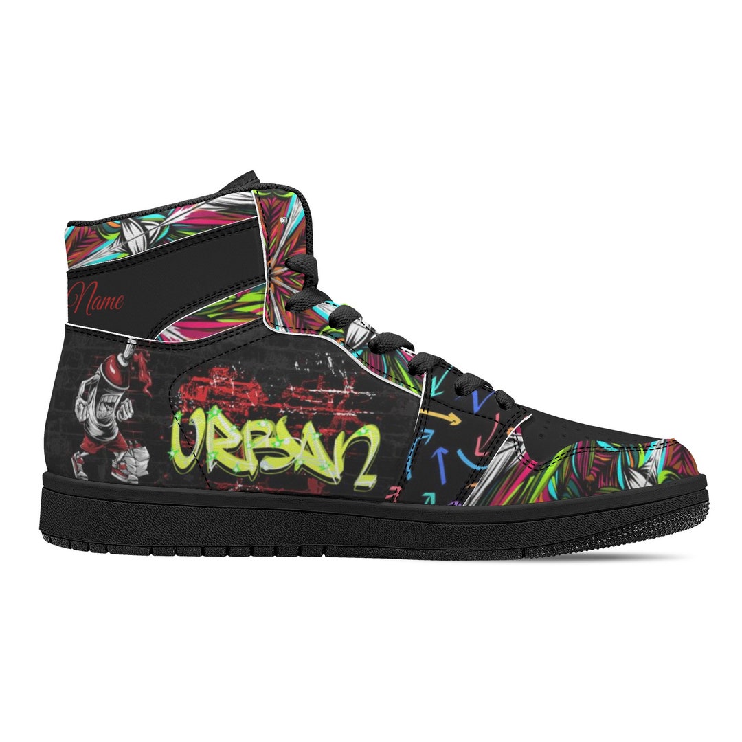 Graffiti Custom Name Shoes for Men's Black High Top Leather Sneakers ...