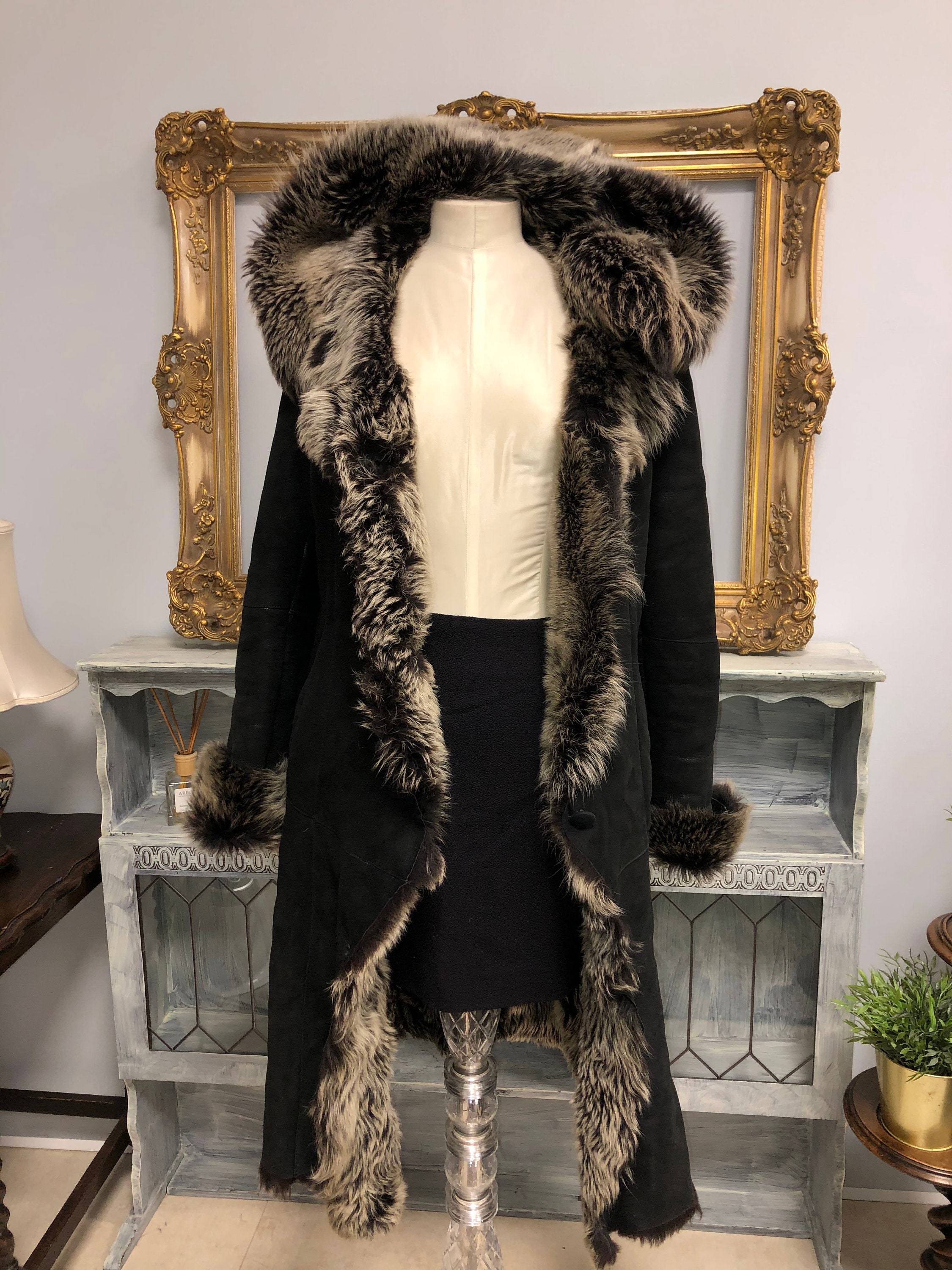 Black Lama Fur Coat, Shearling Long Coat Hooded Black Afghan Real Fur ...