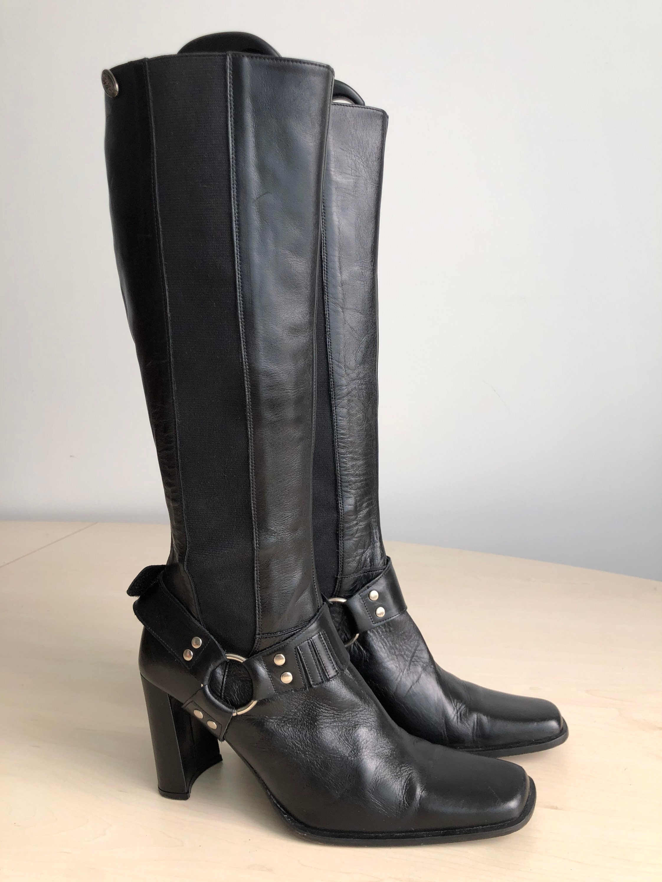 Black Colour Leather Square Toe Boots High Heel BUFFALO Size 38EU - Etsy