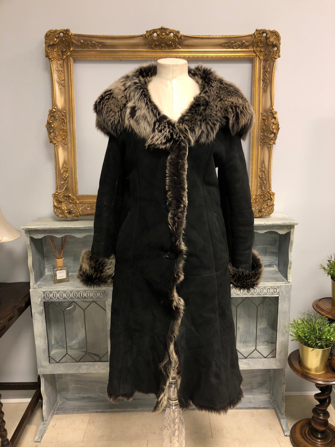 Black Lama Fur Coat, Shearling Long Coat Hooded Black Afghan Real Fur ...