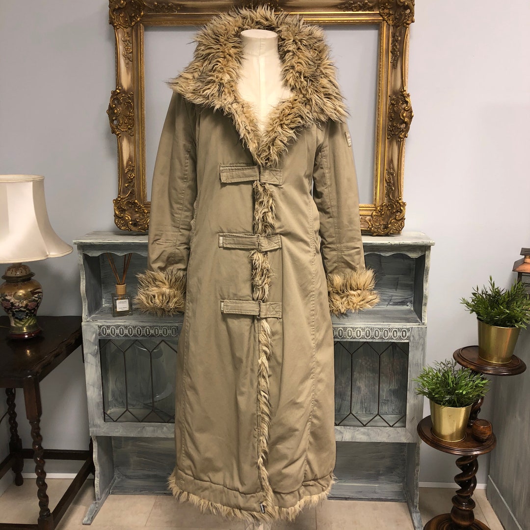 Y2K Full Length Afghan Cargo Coat Sz S/M Shaggy Fur Hood and Cuffs Maxi ...