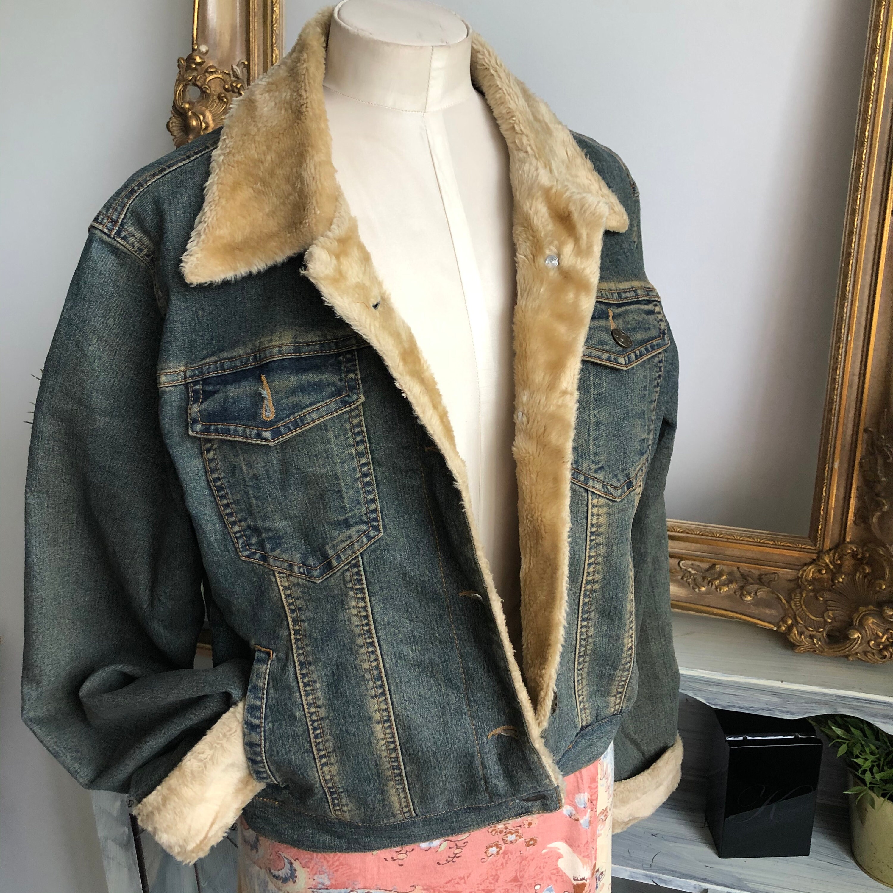 Y2K Acid Wash Beige Denim Jacket Faux Fur Collar and Cuffs Fit - Etsy