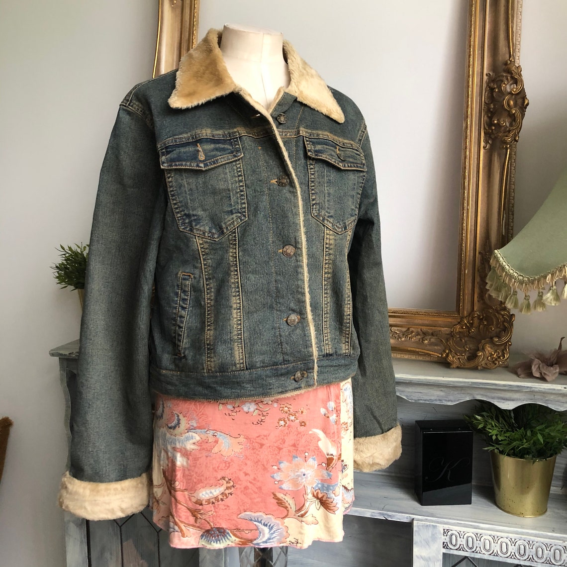 Y2K Acid Wash Beige Denim Jacket Faux Fur Collar and Cuffs Fit - Etsy