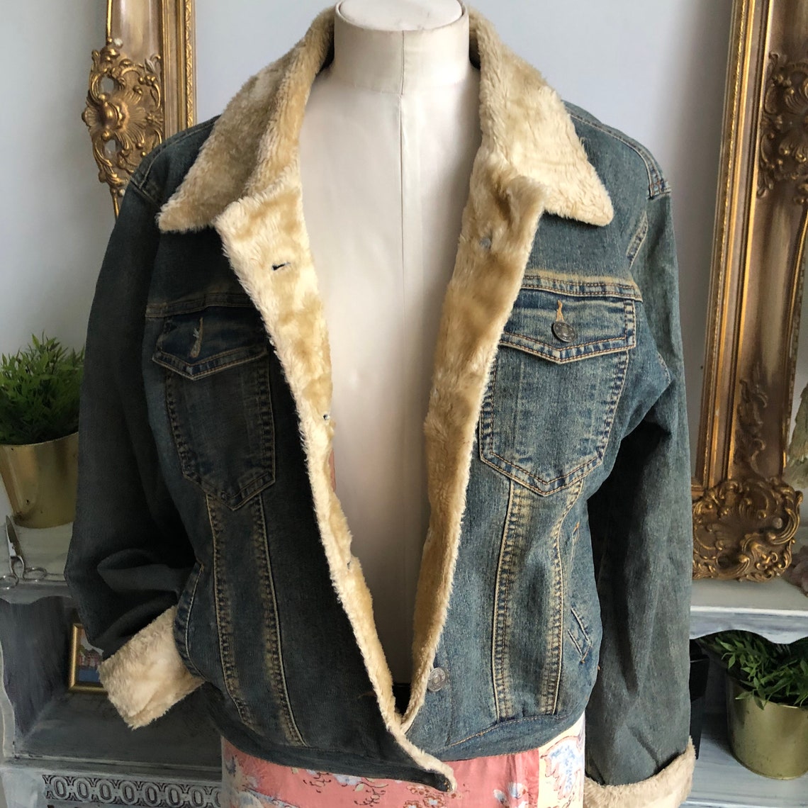 Y2K Acid Wash Beige Denim Jacket Faux Fur Collar and Cuffs Fit - Etsy
