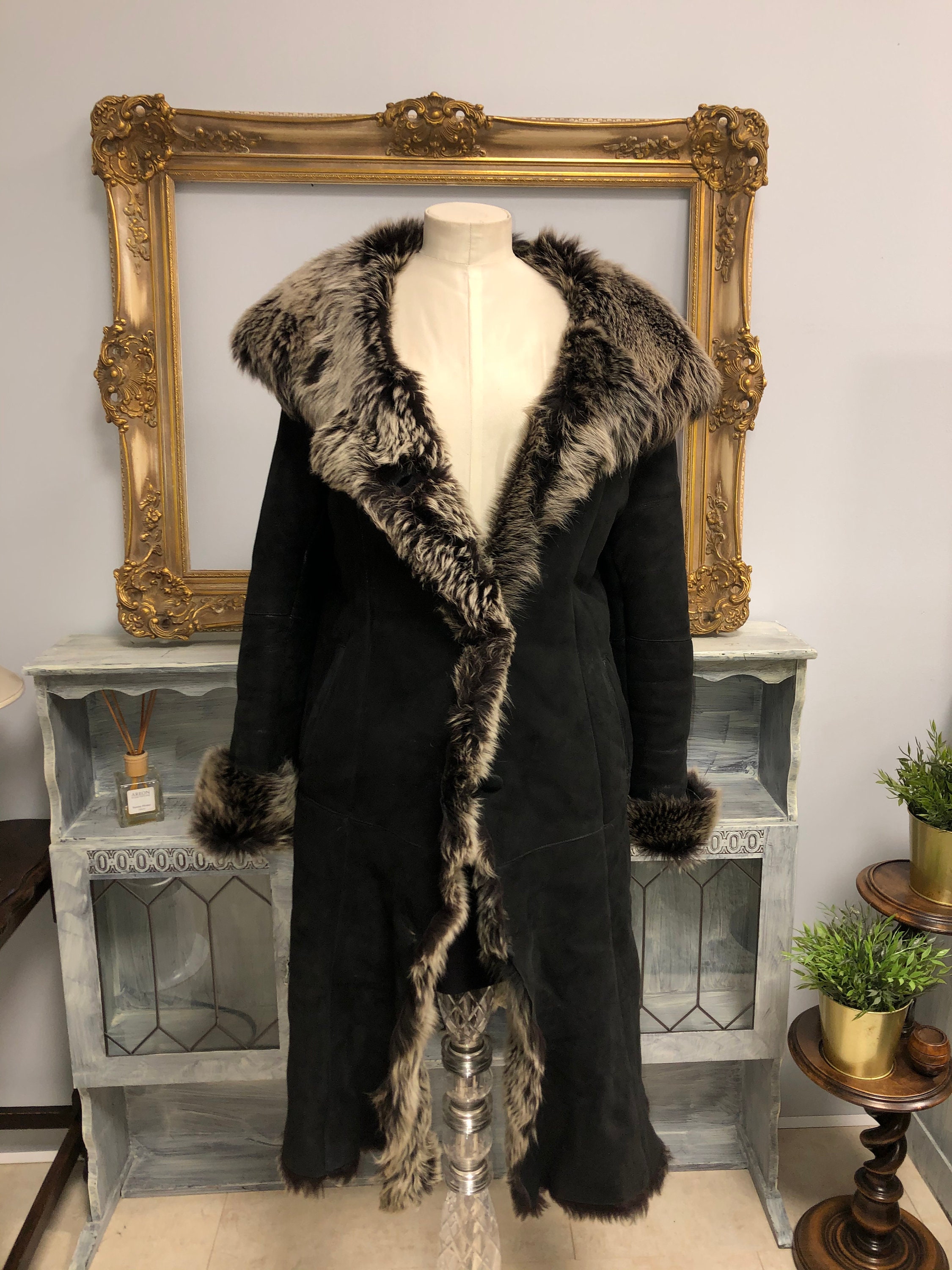 Black Lama Fur Coat, Shearling Long Coat Hooded Black Afghan Real Fur ...