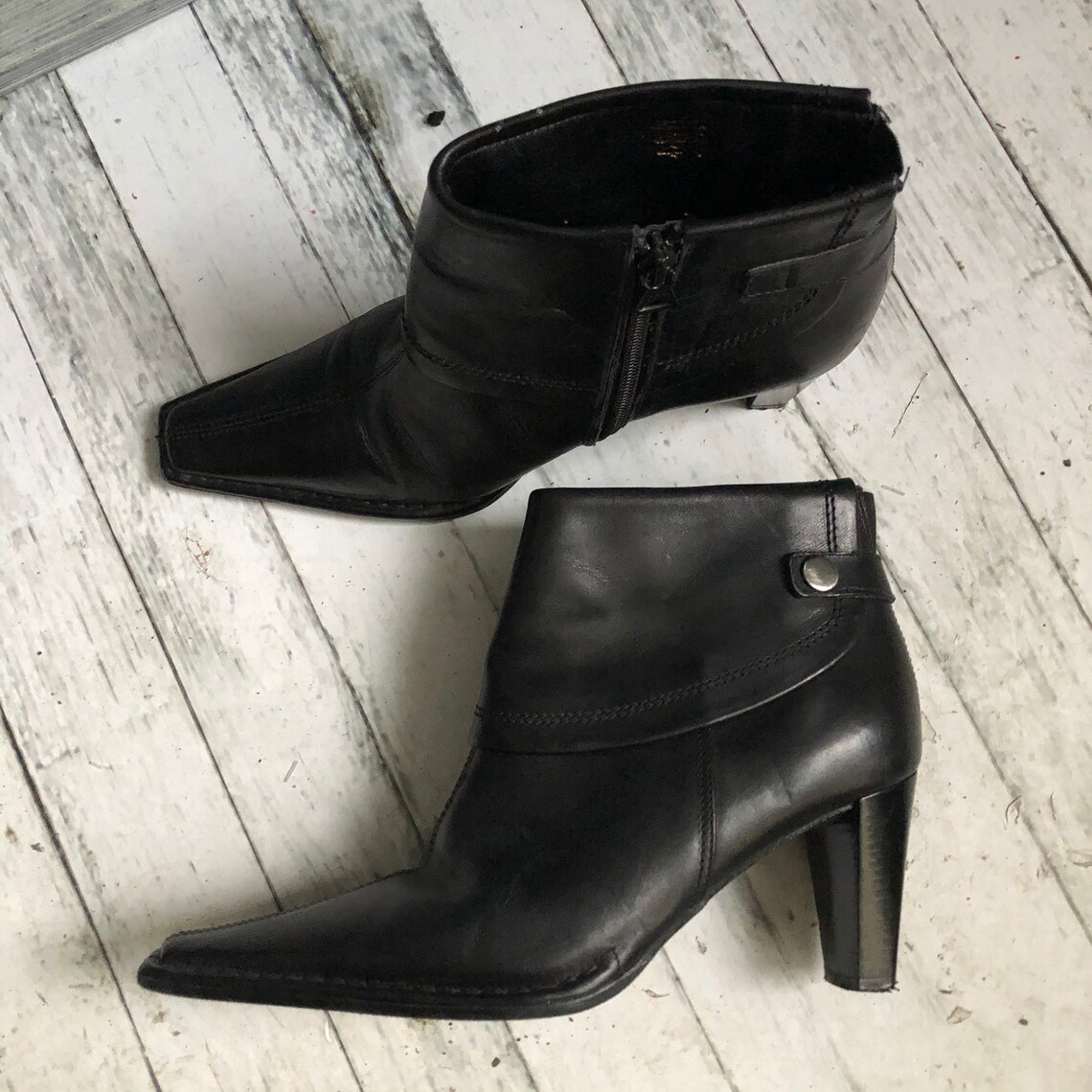 90s Italian Vintage Black Leather Ankle Boots Sz 38 Lazzarini Black ...